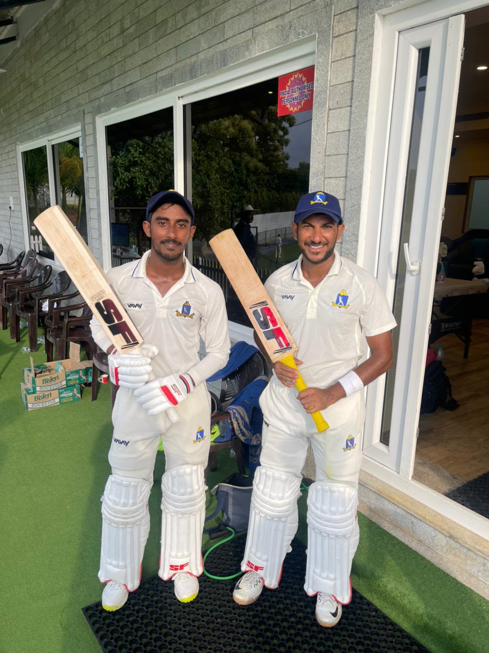Sudip Gharami and Anustup Majumdar strike a happy pose after their unbroken 178-run stand ...