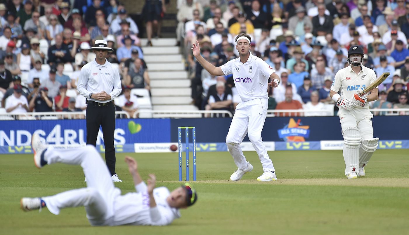 Stuart Broad reacts as a fielder fumbles with the ball | ESPNcricinfo.com