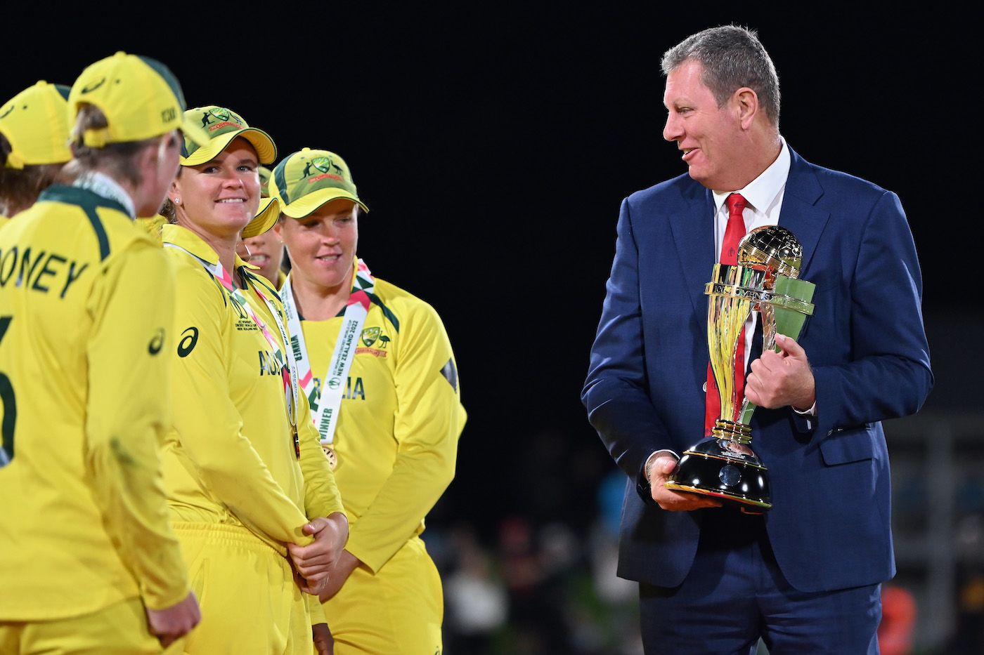 ICC chairman Greg Barclay speaks to the Australia women after their win ...