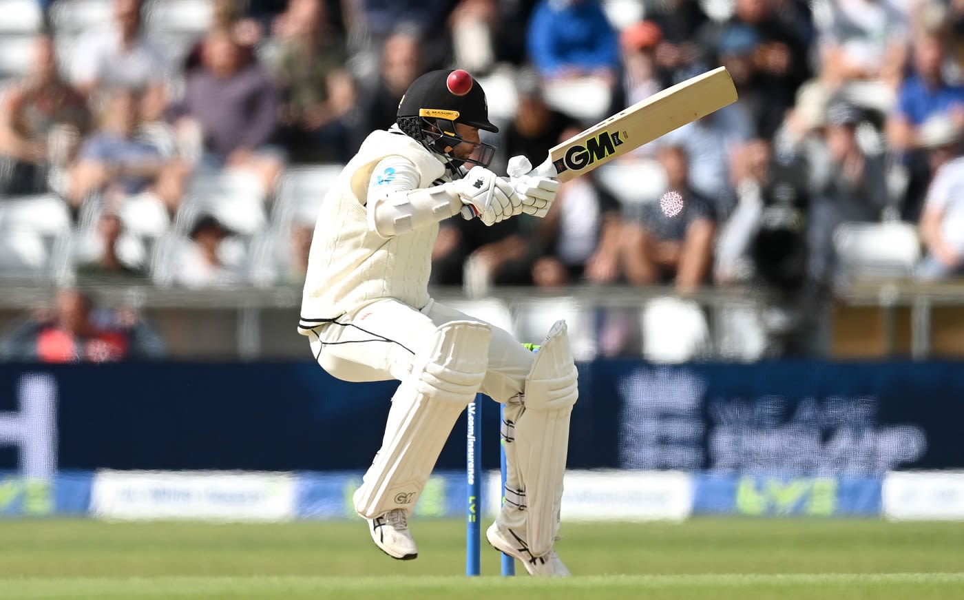 Devon Conway is hit on the helmet by a Jamie Overton bouncer ...