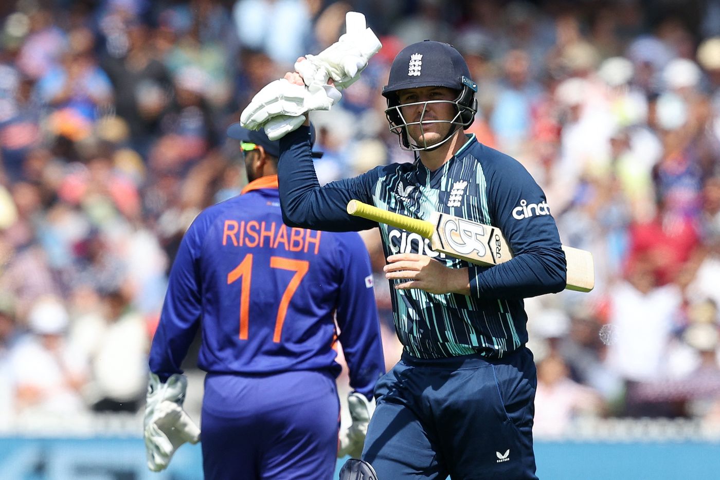 Jason Roy shows his disappointment after his dismissal cut short a ...