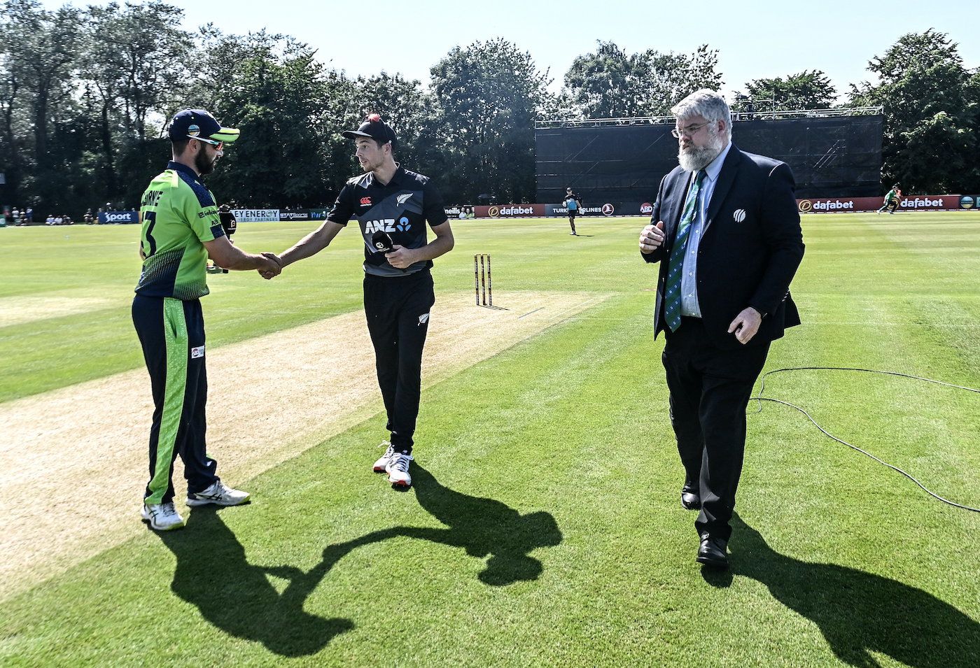 Andy Balbirnie and Mitchell Santner shake hands at the Toss ...