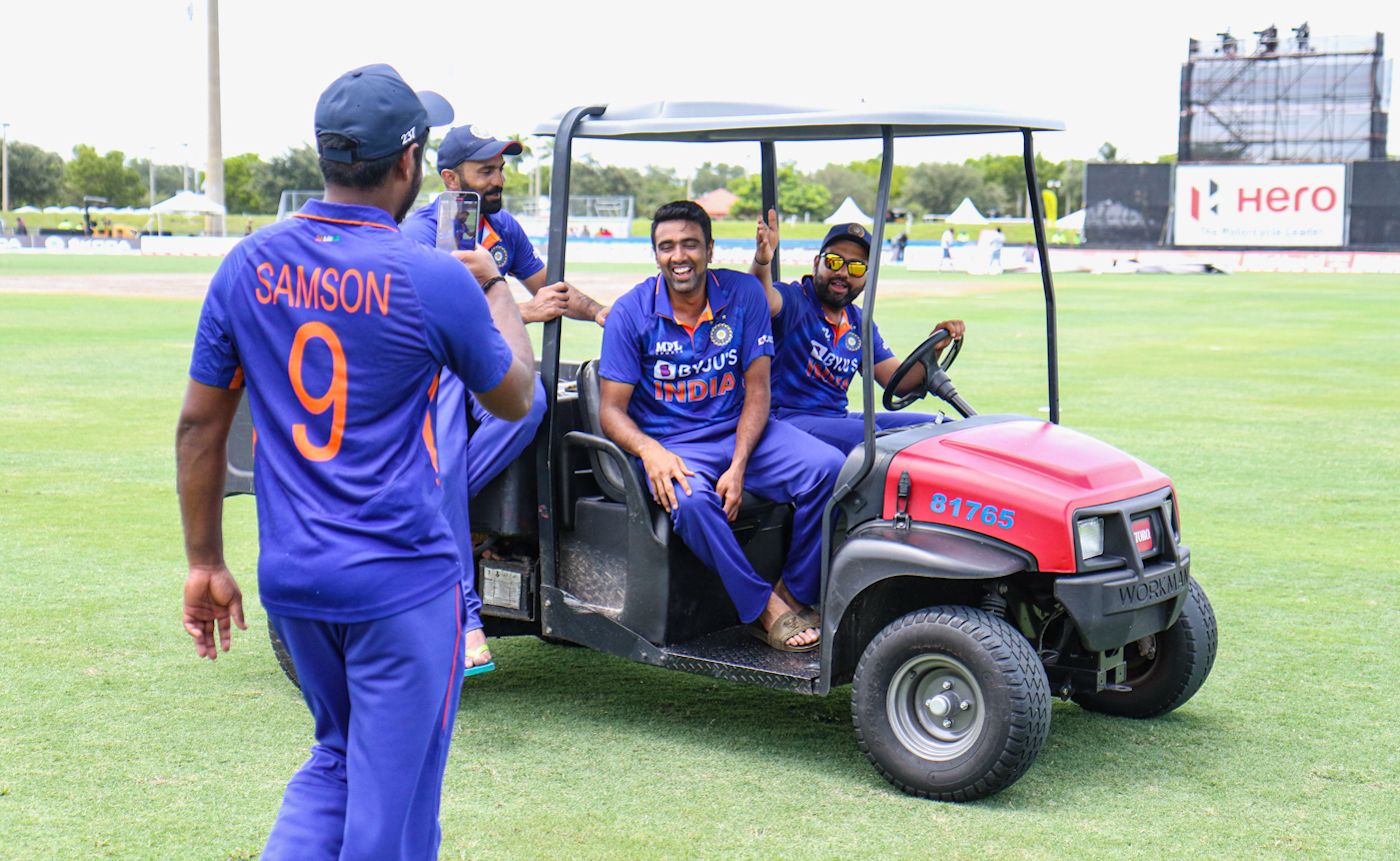 Some of the Indian players take a ride in a golf cart after the win ...