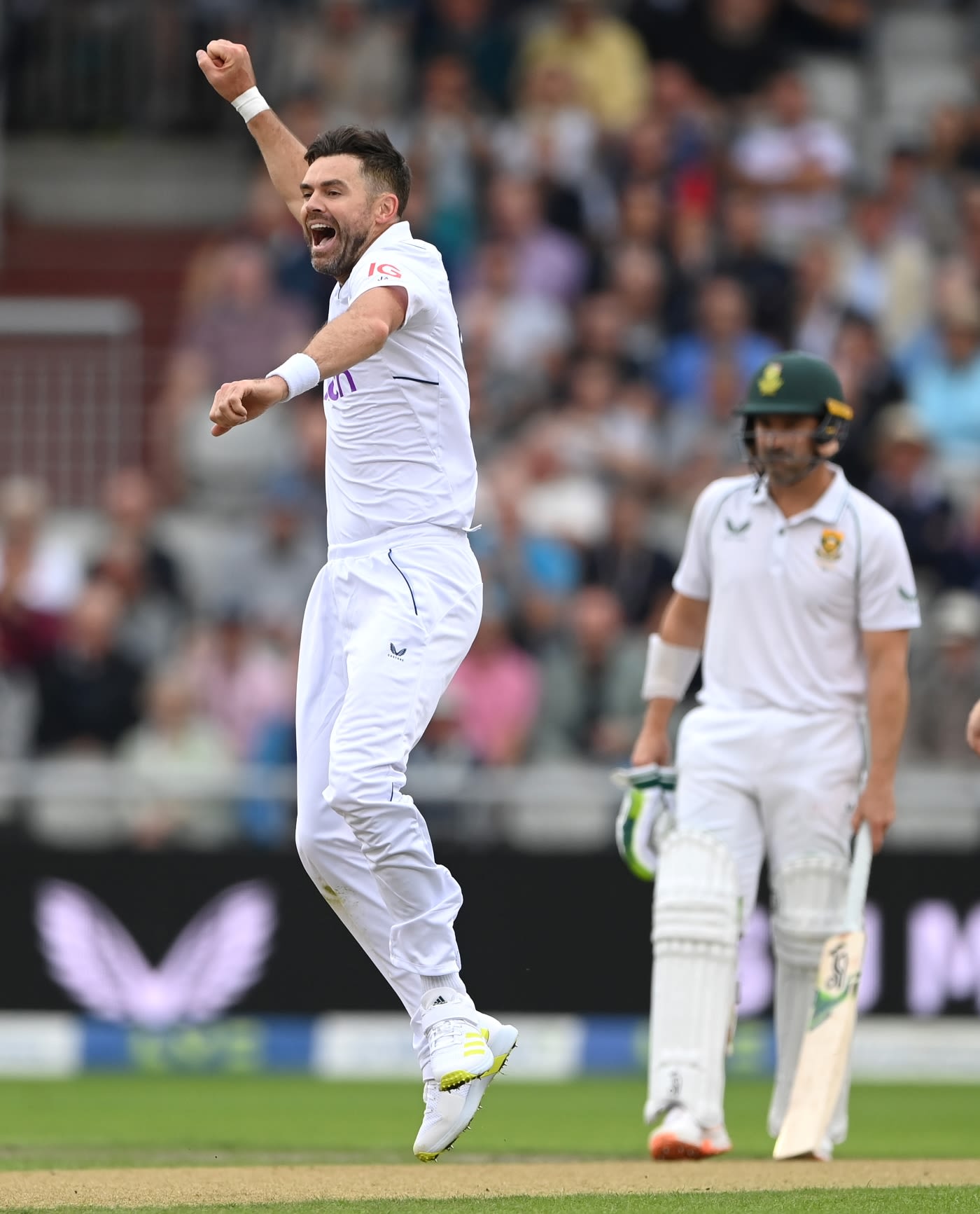 Playing his 100th home Test, James Anderson removed Sarel Erwee early ...