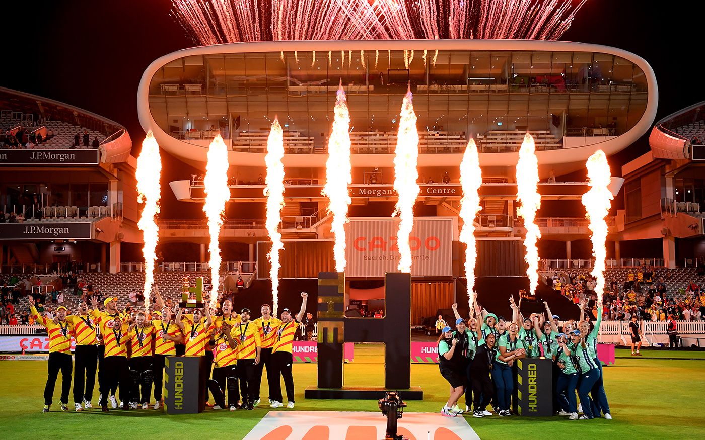 Trent Rockets and Oval Invincibles celebrate with their trophies ...