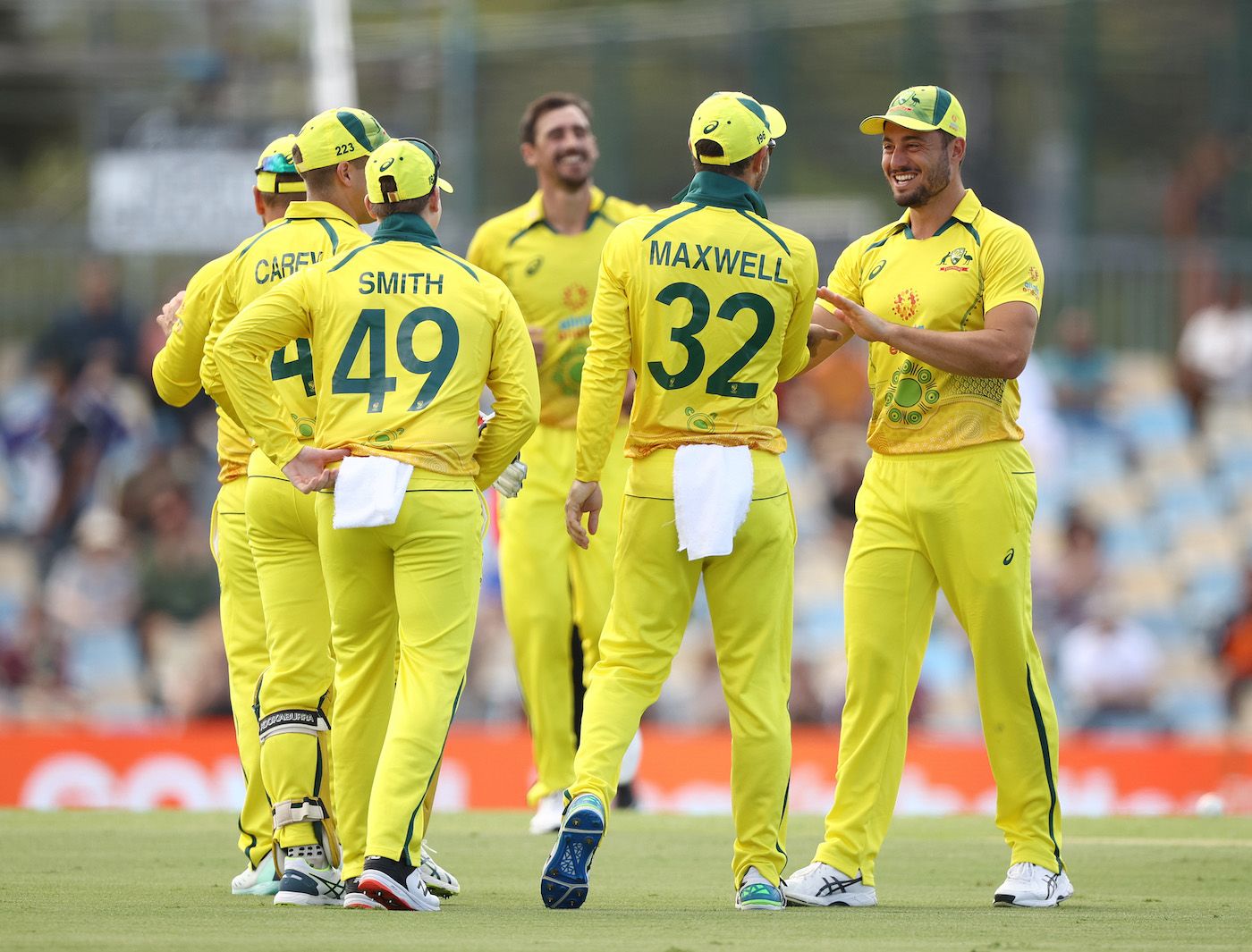 Glenn Maxwell is congratulated by Marcus Stoinis after taking a ...