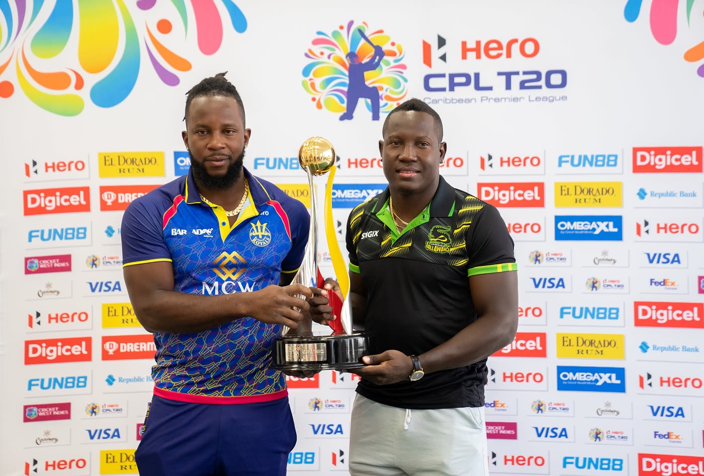 Kyle Mayers and Rovman Powell with the CPL trophy | ESPNcricinfo.com