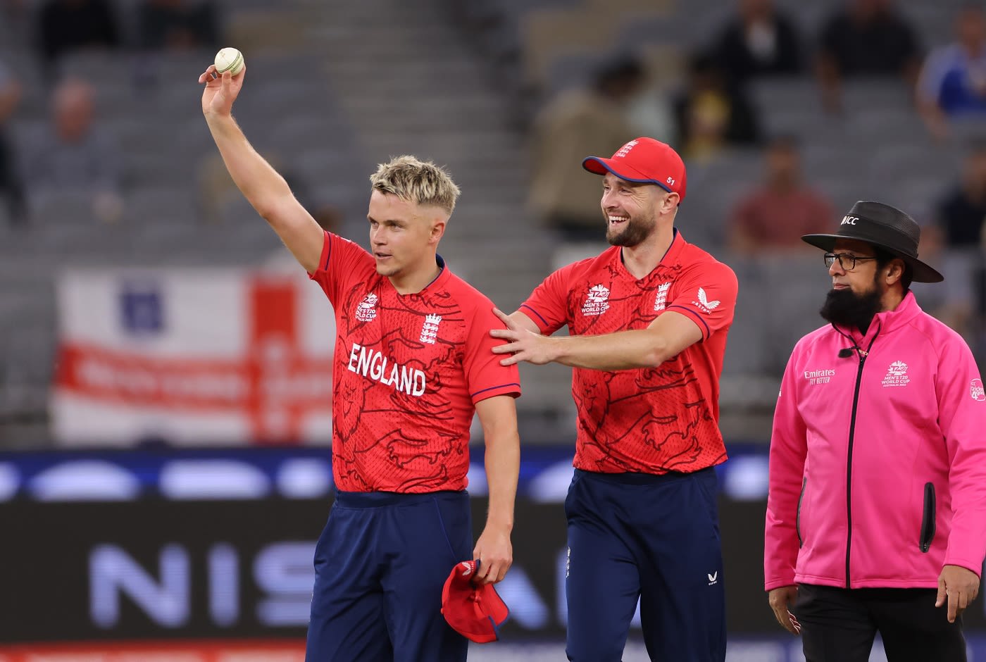 Sam Curran shows off the ball after getting his fifth wicket ...