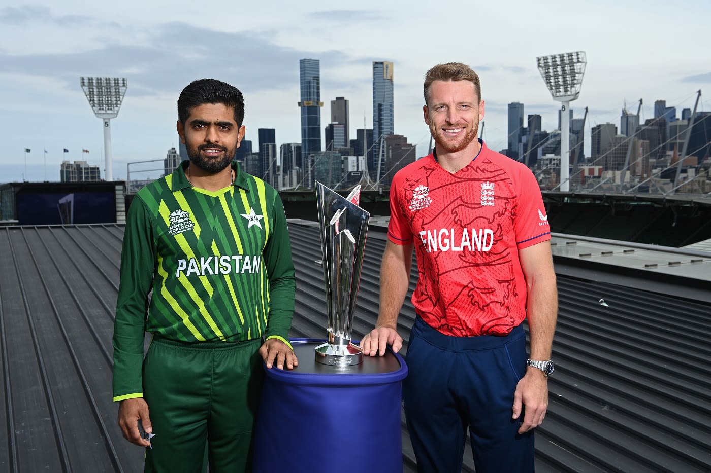 Jos Buttler and Babar Azam pose with the trophy on the eve of the final ... Jos Buttler and Babar Azam pose with the trophy on the eve of the final ...