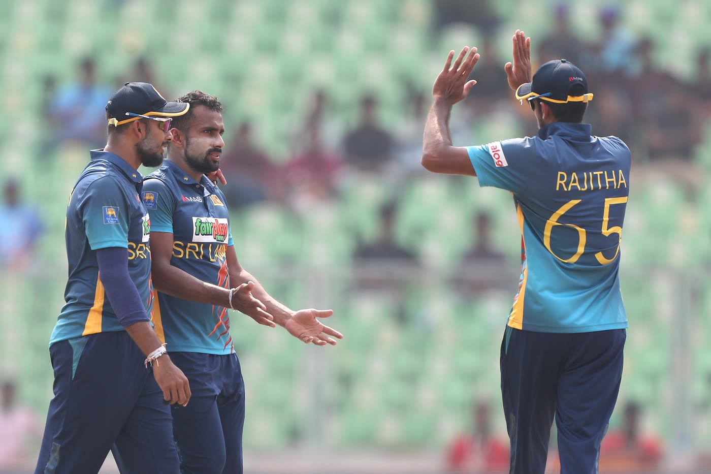 Chamika Karunaratne celebrates after dismissing an on-song Rohit Sharma ...