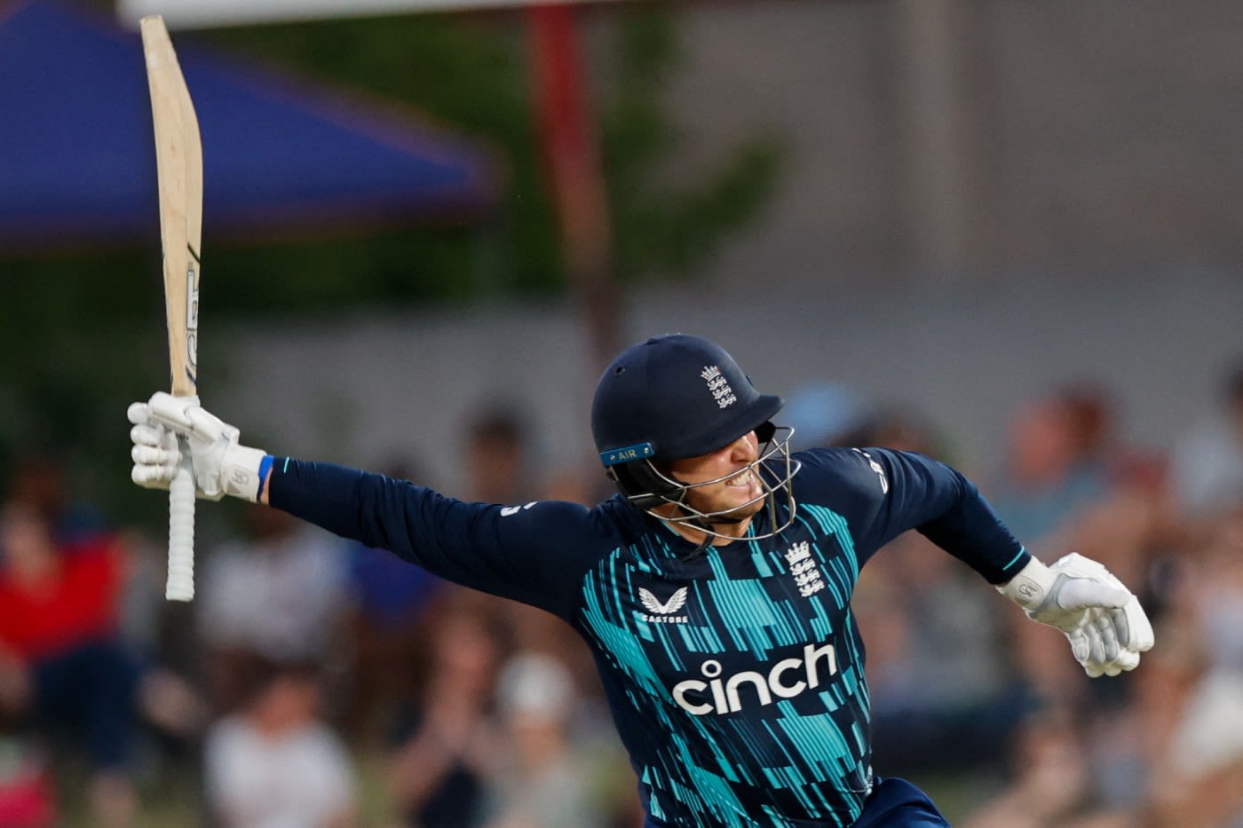 Jason Roy lets out a roar after reaching a 79-ball hundred ...