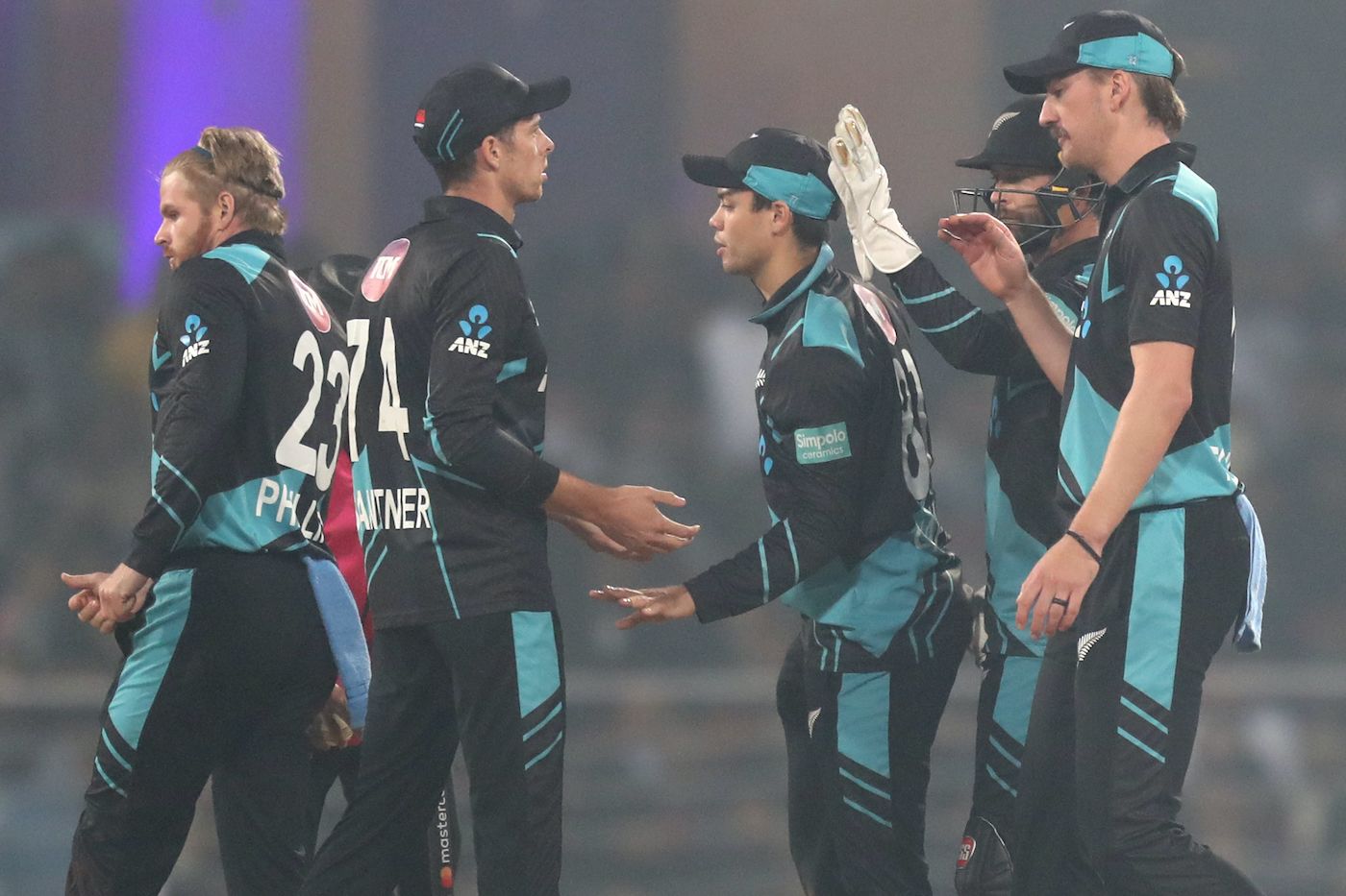 Mitchell Santner and Mark Chapman celebrate with team-mates ...