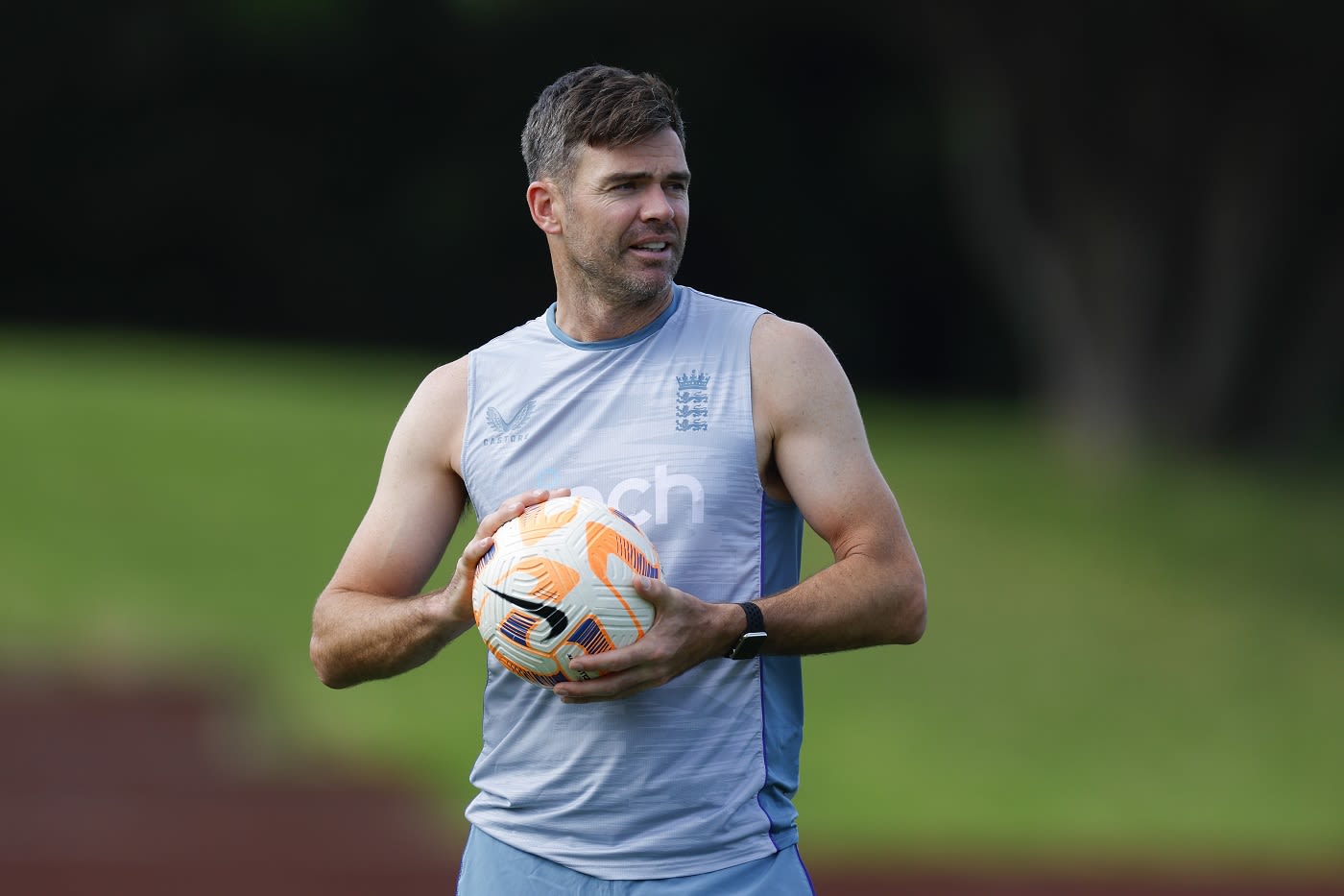 James Anderson holds up a football in training | ESPNcricinfo.com