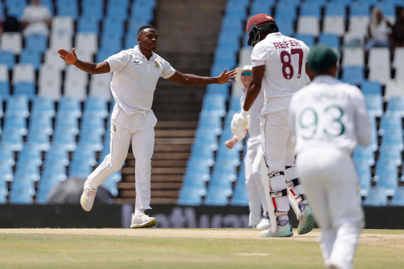 Kagiso Rabada celebrates after sending back Raymon Reifer ...