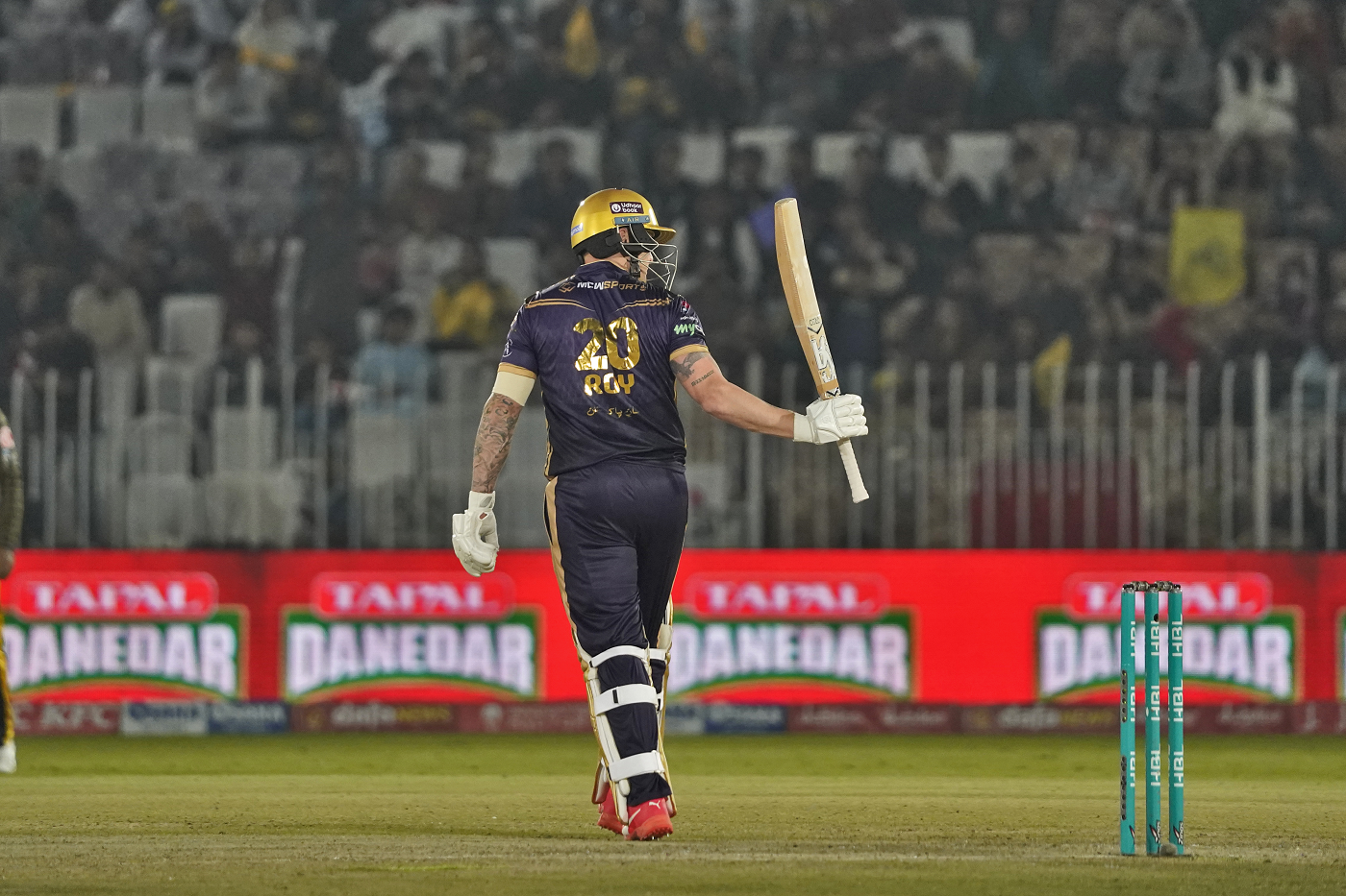 Jason Roy acknowledges the crowd after reaching three figures ...