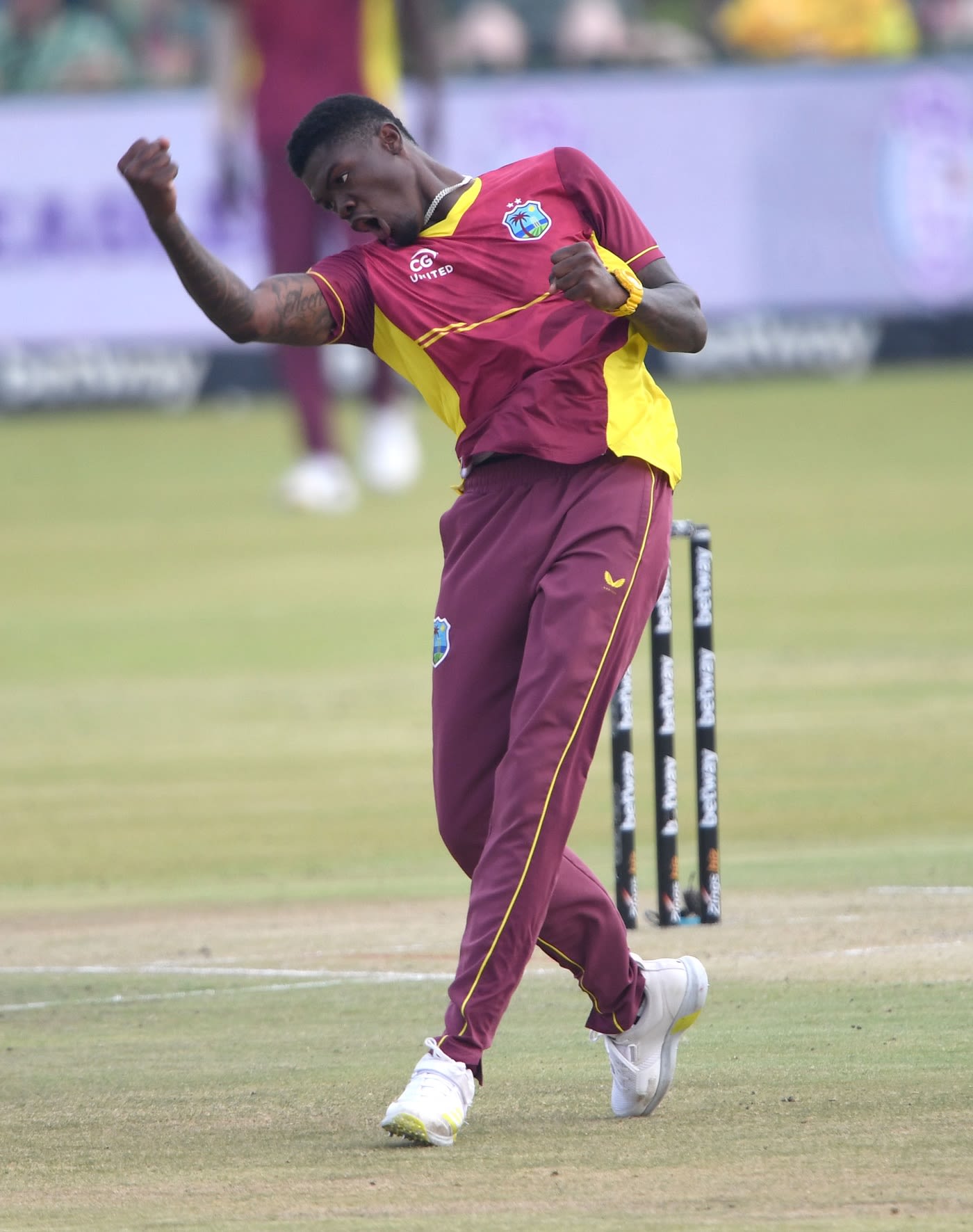 Alzarri Joseph is all pumped up after picking up a wicket ...