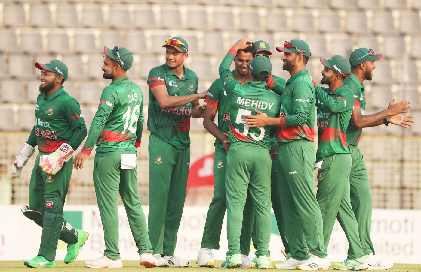 Hasan Mahmud is congratulated by team-mates after taking a five-for ...