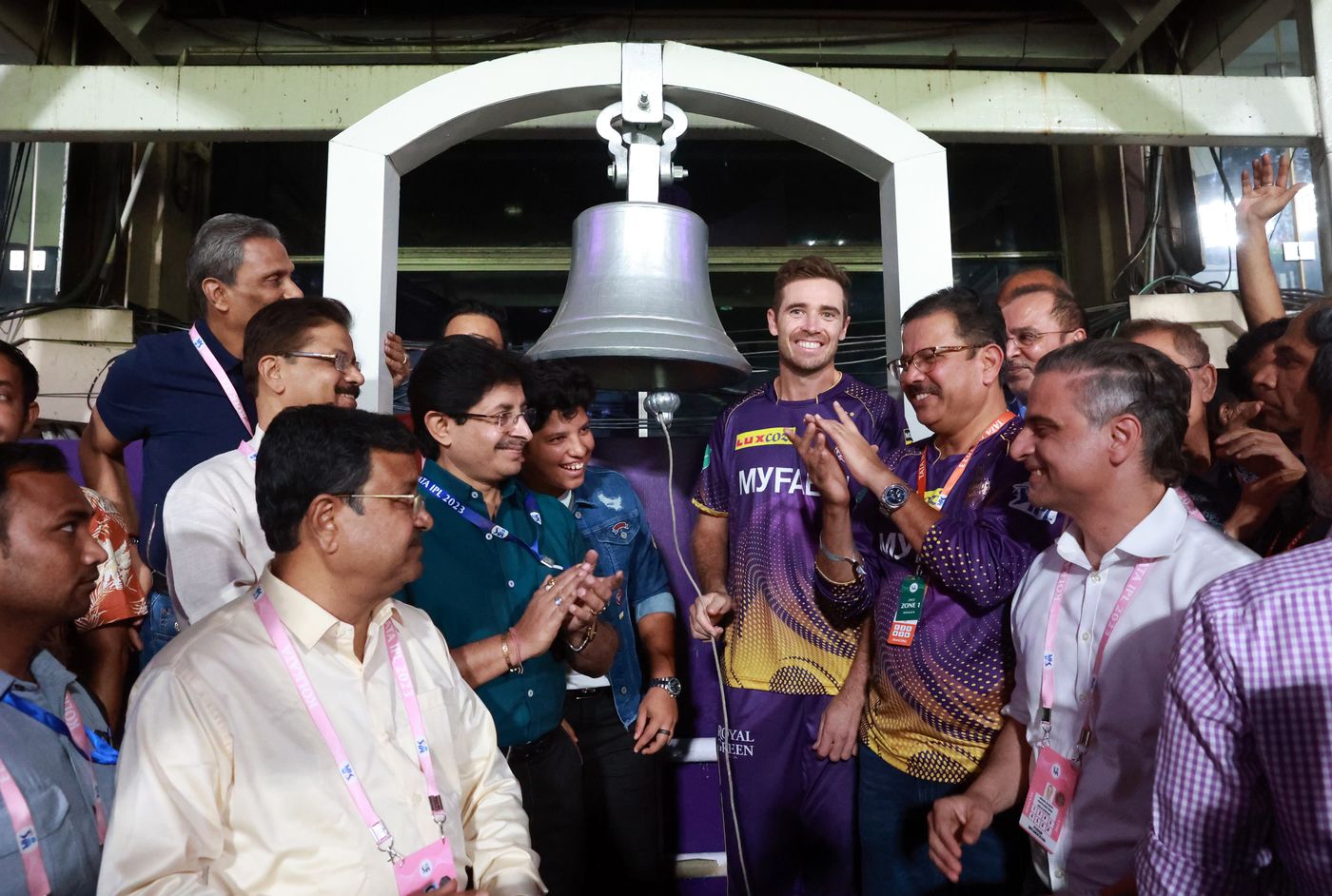 Tim Southee rings the bell at Eden Gardens ahead of the KKR vs CSK game ...