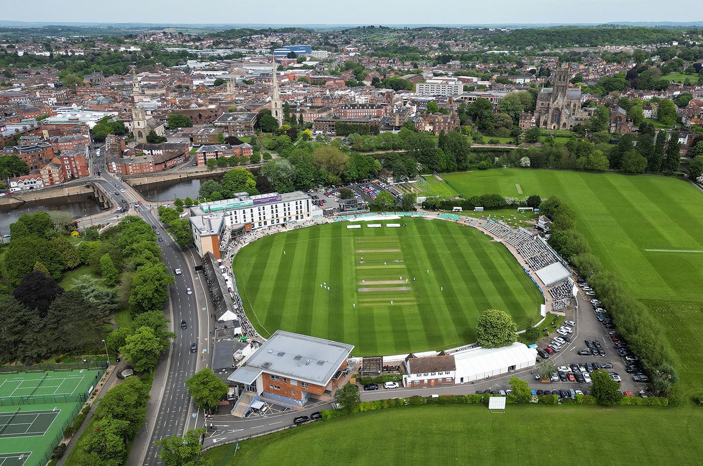 An aerial view of New Road during Worcestershire's County Championship ...