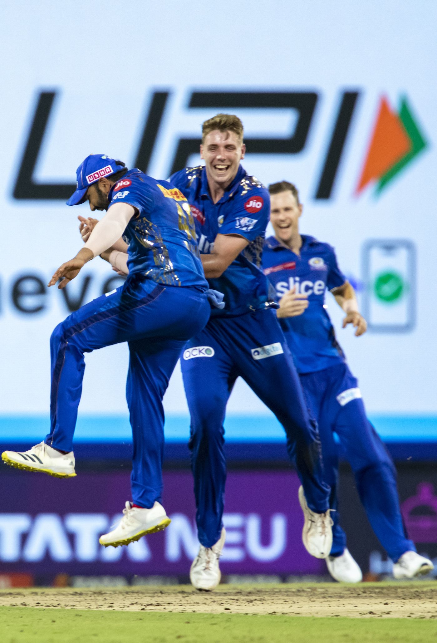 The MI players are cock-a-hoop as the inch closer to victory ...