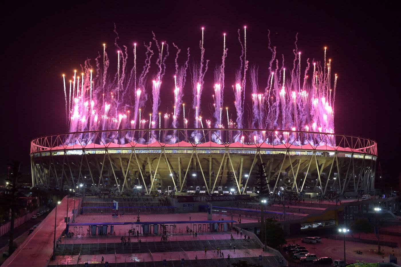 Fireworks go around the Narendra Modi Stadium right after CSK won their ...