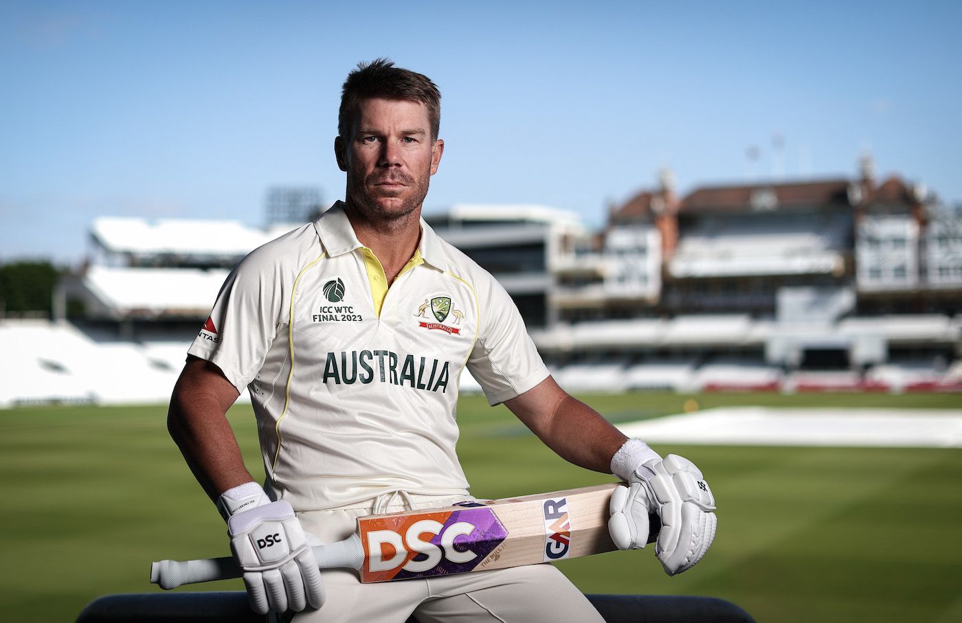 David Warner strikes a pose at the pre-WTC final photo session ...