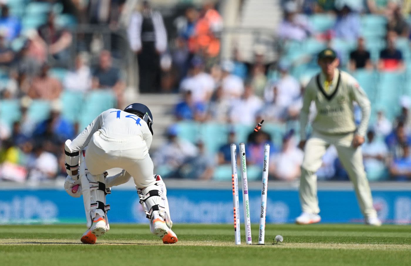 KS Bharat loses his stumps to Scott Boland on the second ball of the ...
