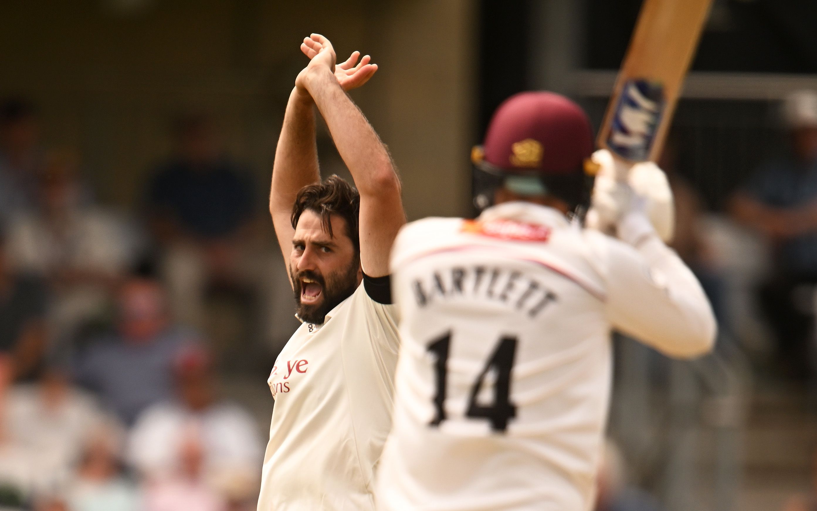 Brett Hutton celebrates the wicket of Somerset's George Bartlett ...
