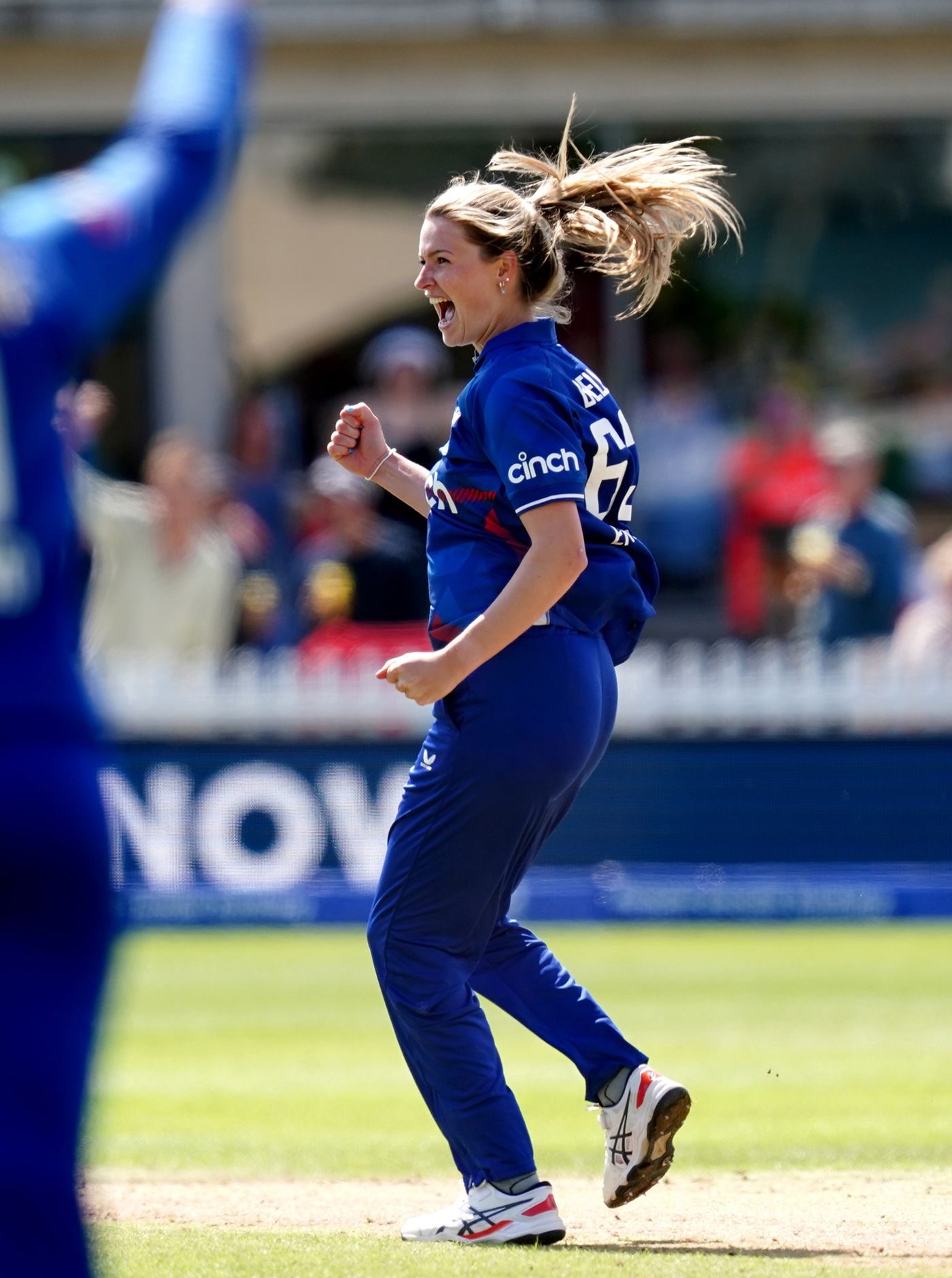 Lauren Bell celebrates after her second wicket in three balls ...
