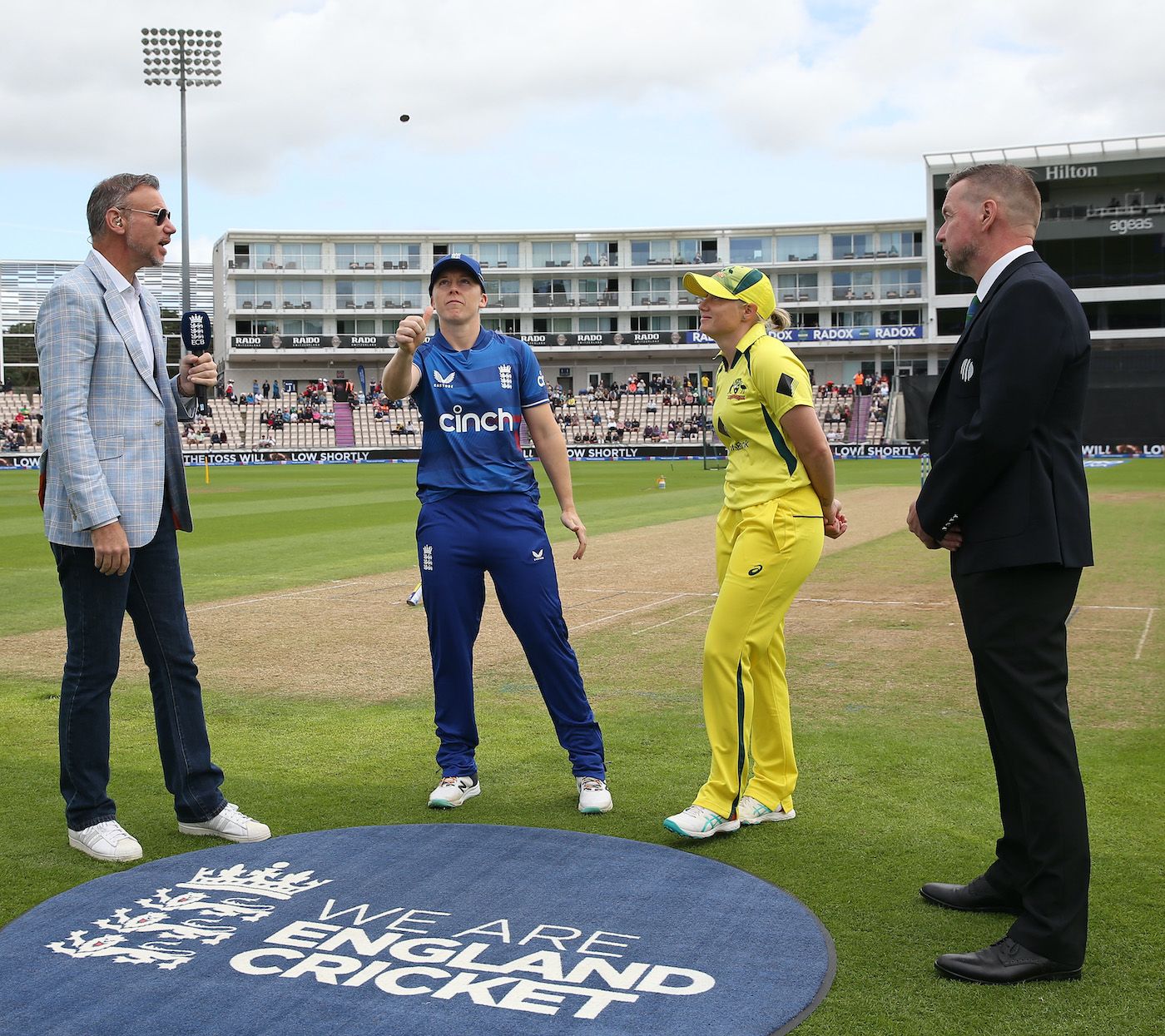 Heather Knight and Alyssa Healy at the toss with Charles Dagnall and ...