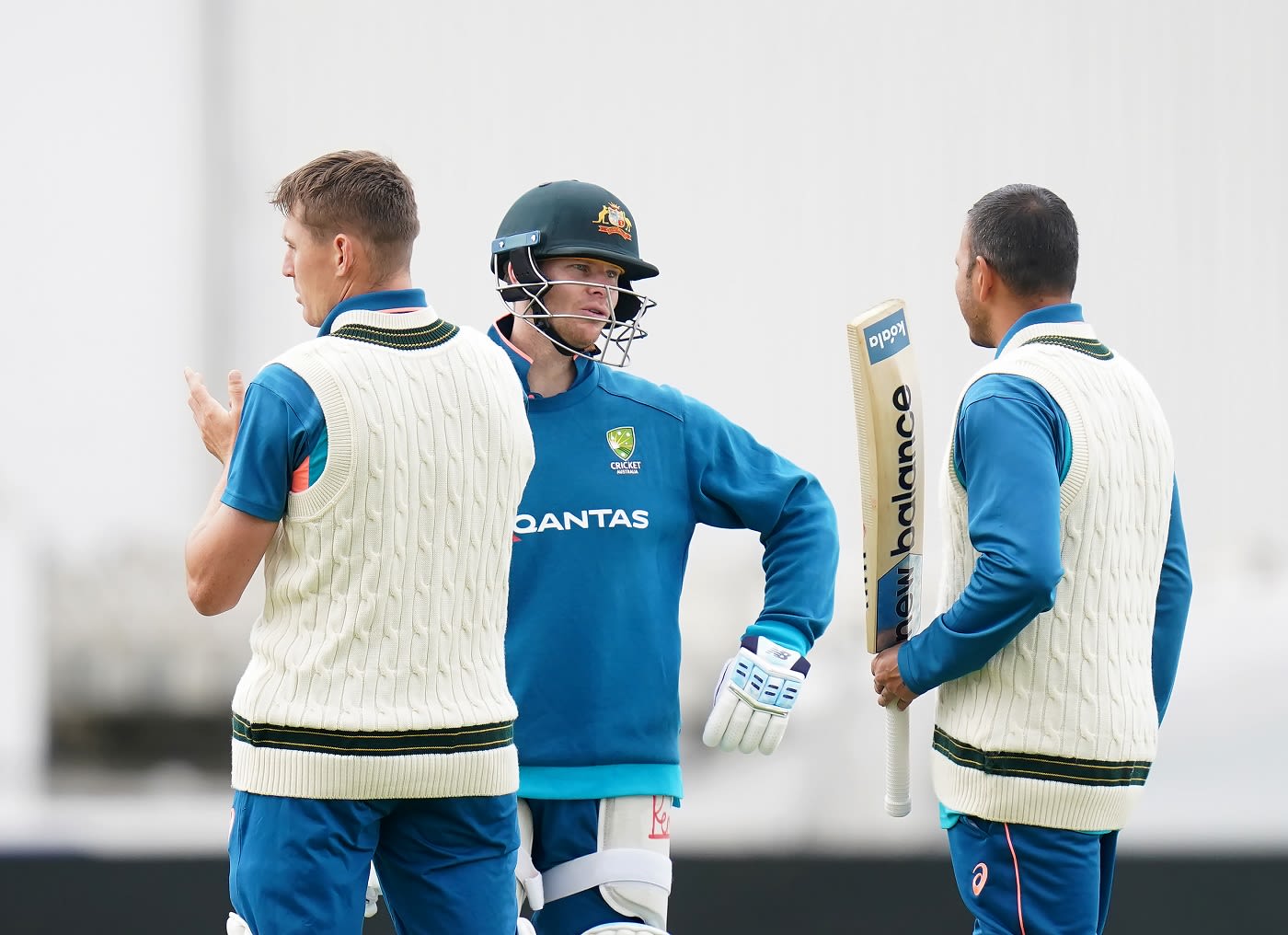 Marnus Labuschagne, Usman Khawaja and Steven Smith have a discussion ...