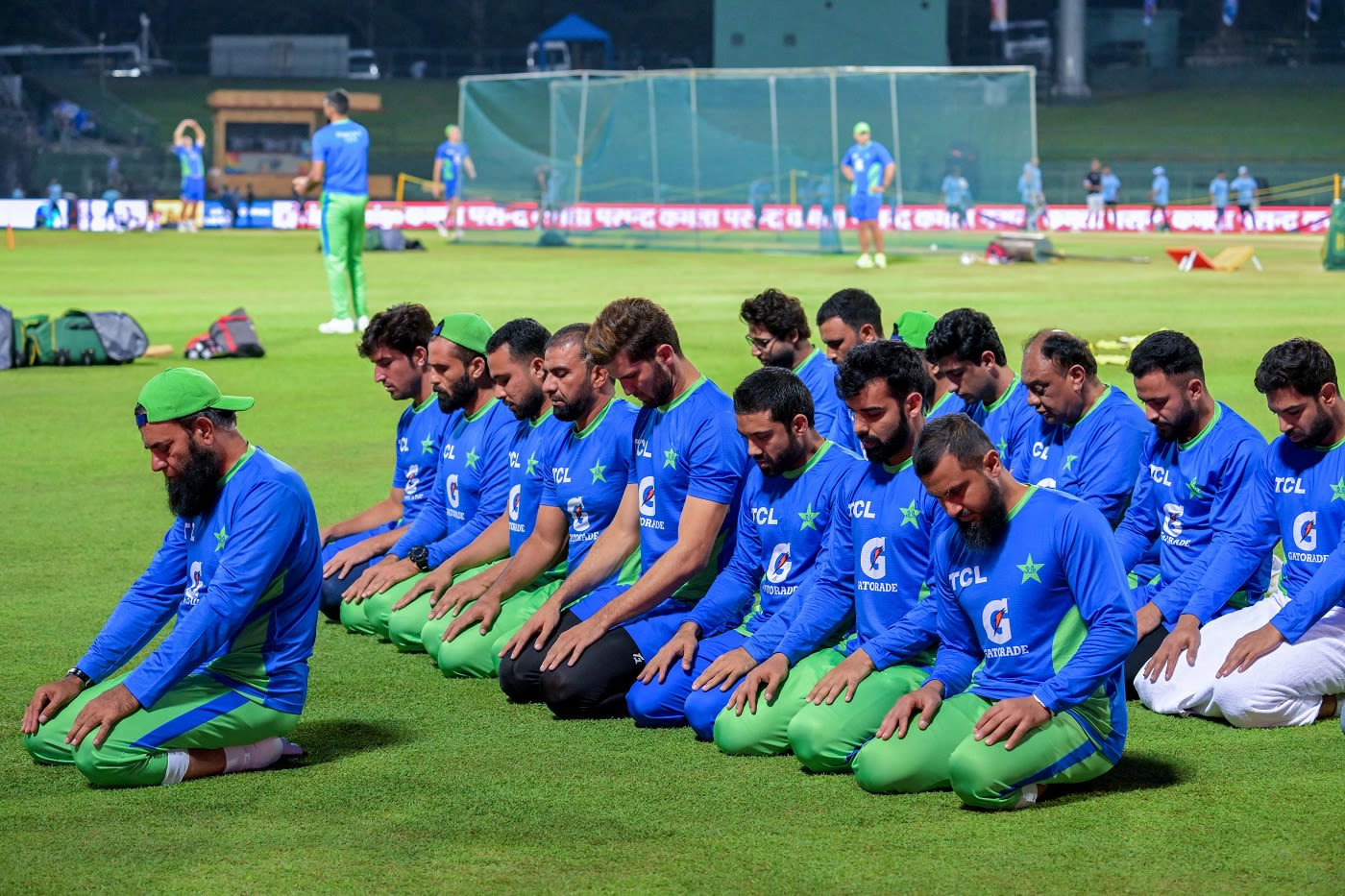 Pakistan players and support staff perform prayers before training ...