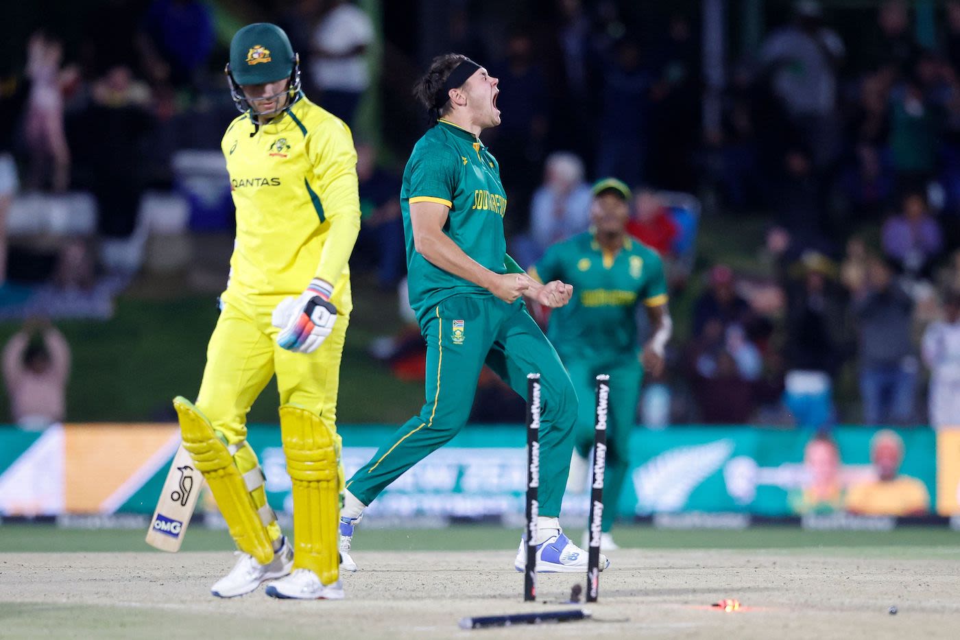 Gerald Coetzee sent Alex Carey's middle stump out for a walk ...