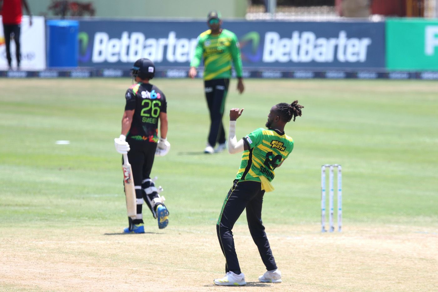 Shamar Springer celebrated Will Smeed's wicket with a chest roll ...