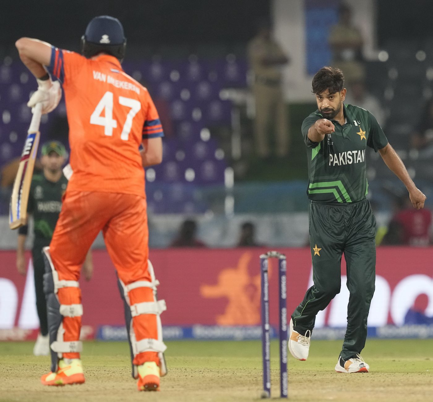 Look what I did! Haris Rauf makes a point to Paul van Meekeren ...