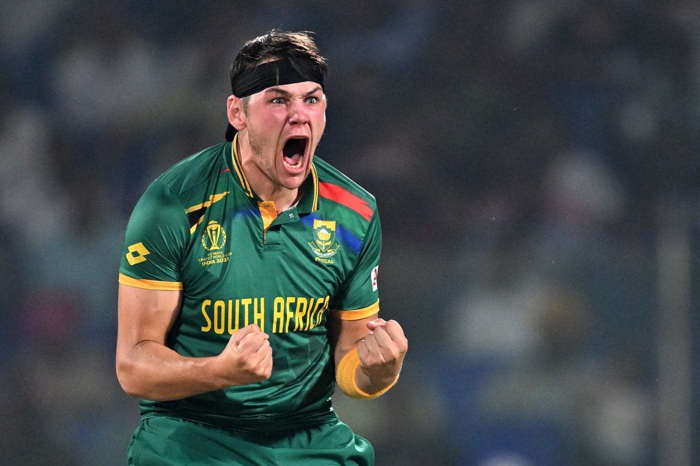 Gerald Coetzee celebrates his first ODI World Cup wicket | ESPNcricinfo.com