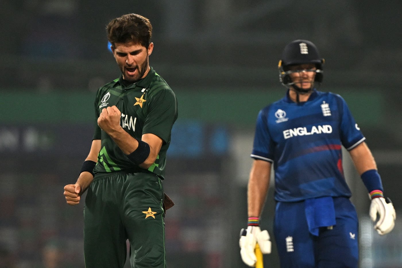 Shaheen Shah Afridi celebrates after breaking Ben Stokes' poles ... Shaheen Shah Afridi celebrates after breaking Ben Stokes' poles ...