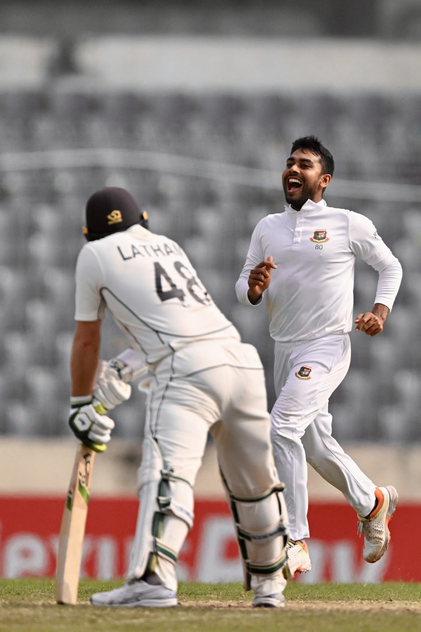 Mehidy Hasan Miraz celebrates, even as Tom Latham hardly wants to walk ...