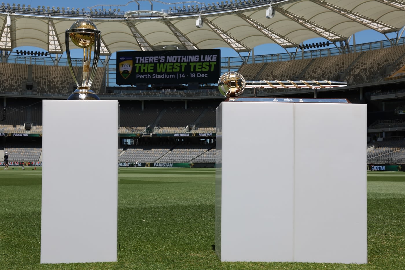 Australia's World Cup trophy and the WTC mace on display at the Optus ...