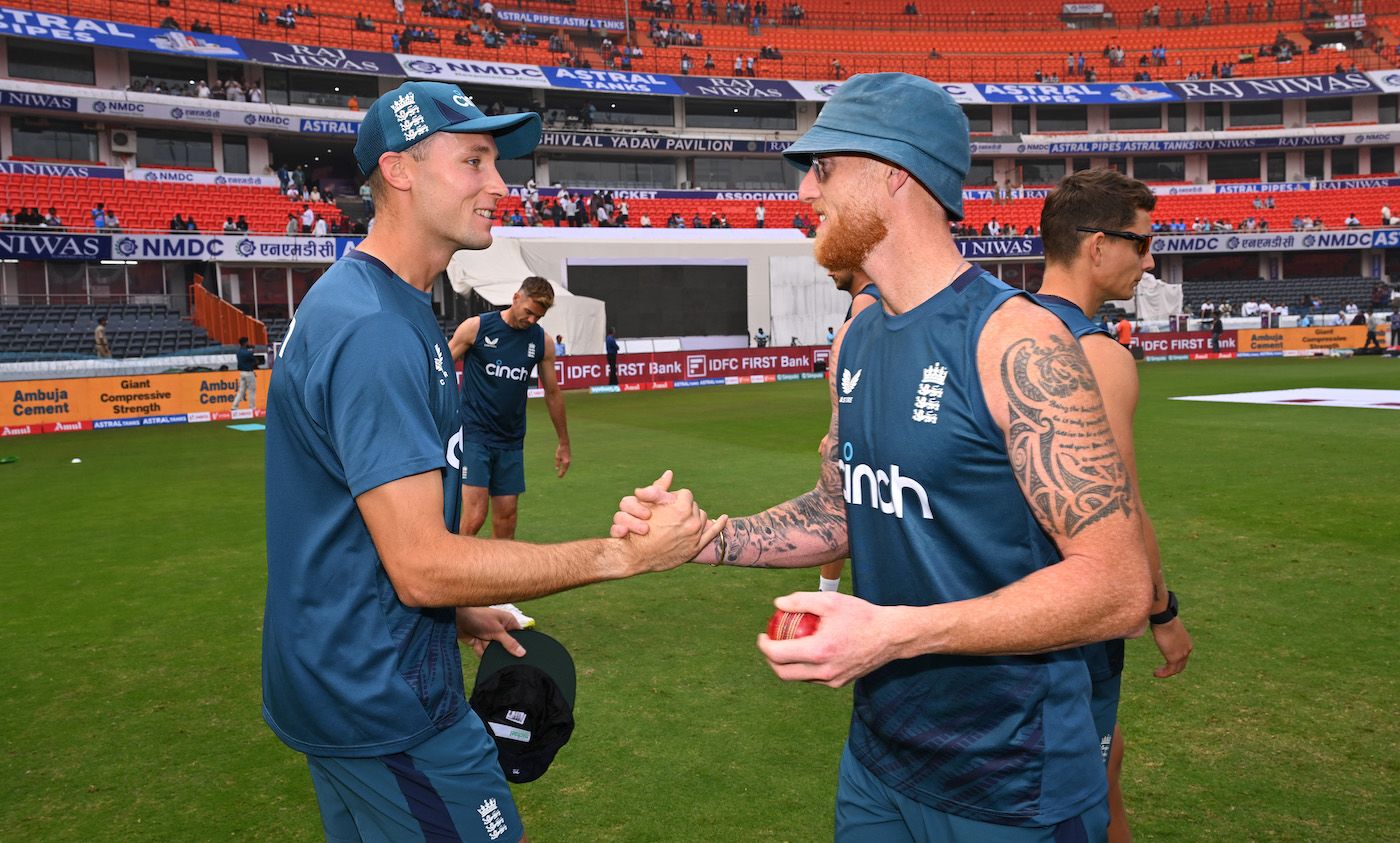 Tom Hartley is congratulated by Ben Stokes after receiving his Test cap ...