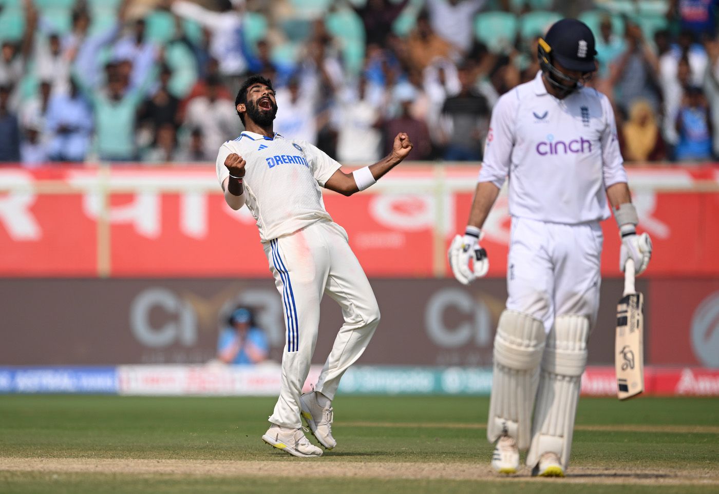 Jasprit Bumrah celebrates after a caught and bowled off Ben Foakes ...