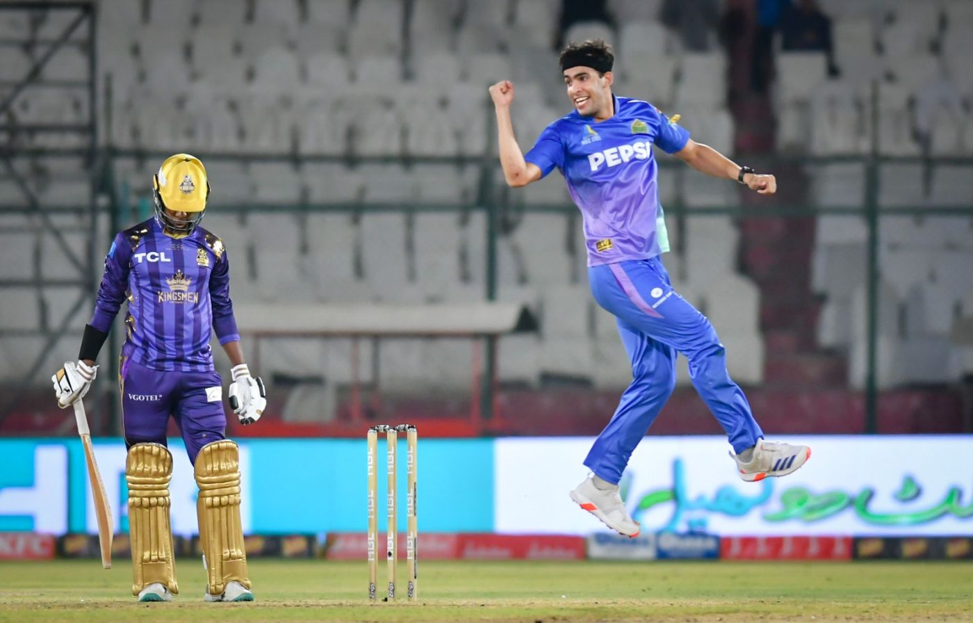 Abbas Afridi is pumped up after the wicket of Akeal Hosein ...