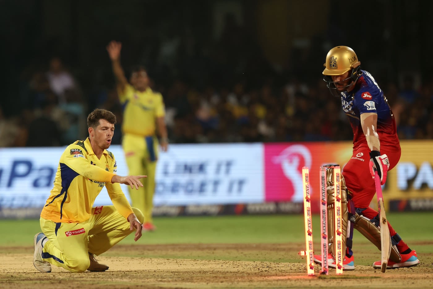 That's a lucky break for CSK as Mitchell Santner gets a fingertip on a ...