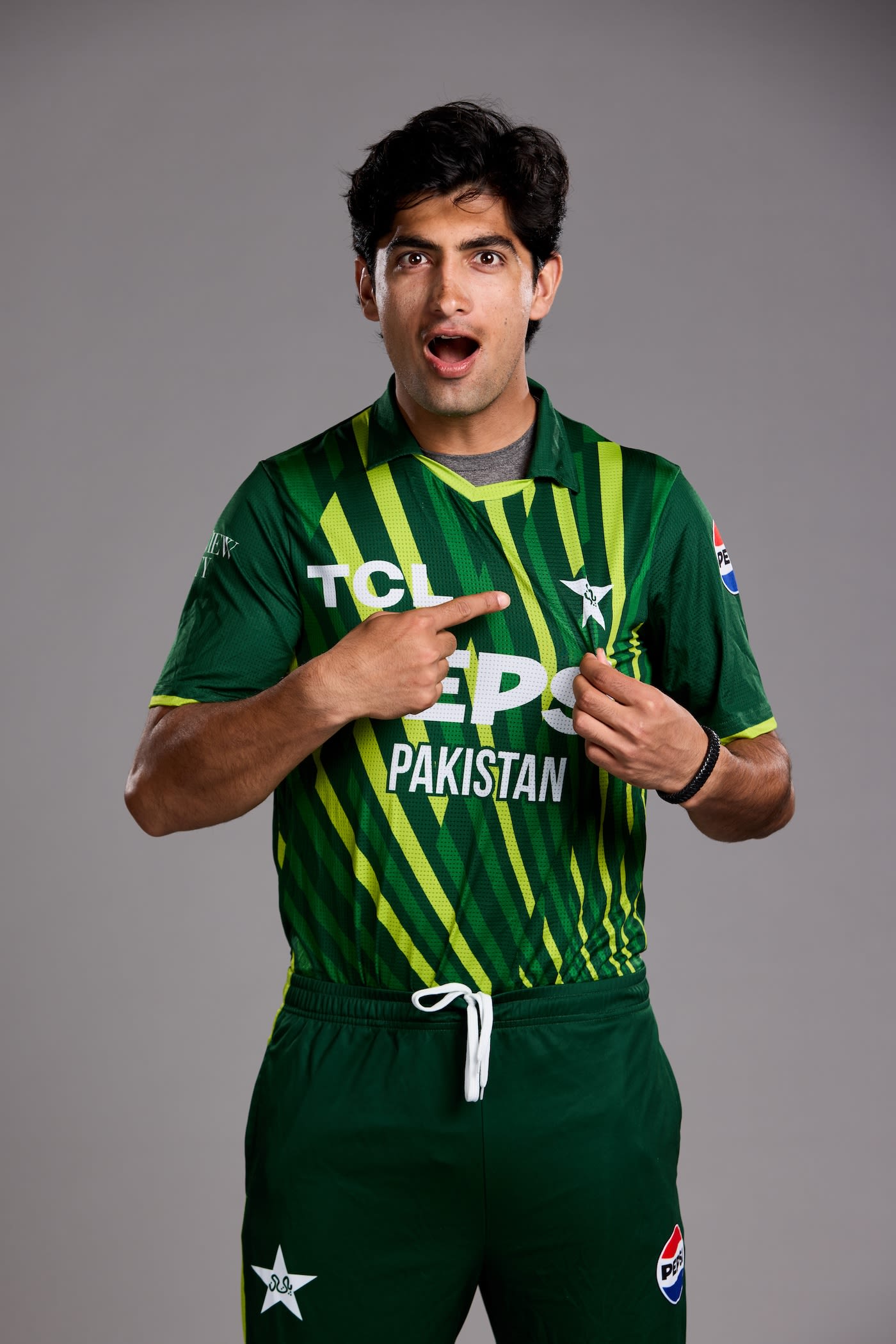 Naseem Shah gestures at a photo shoot | ESPNcricinfo.com