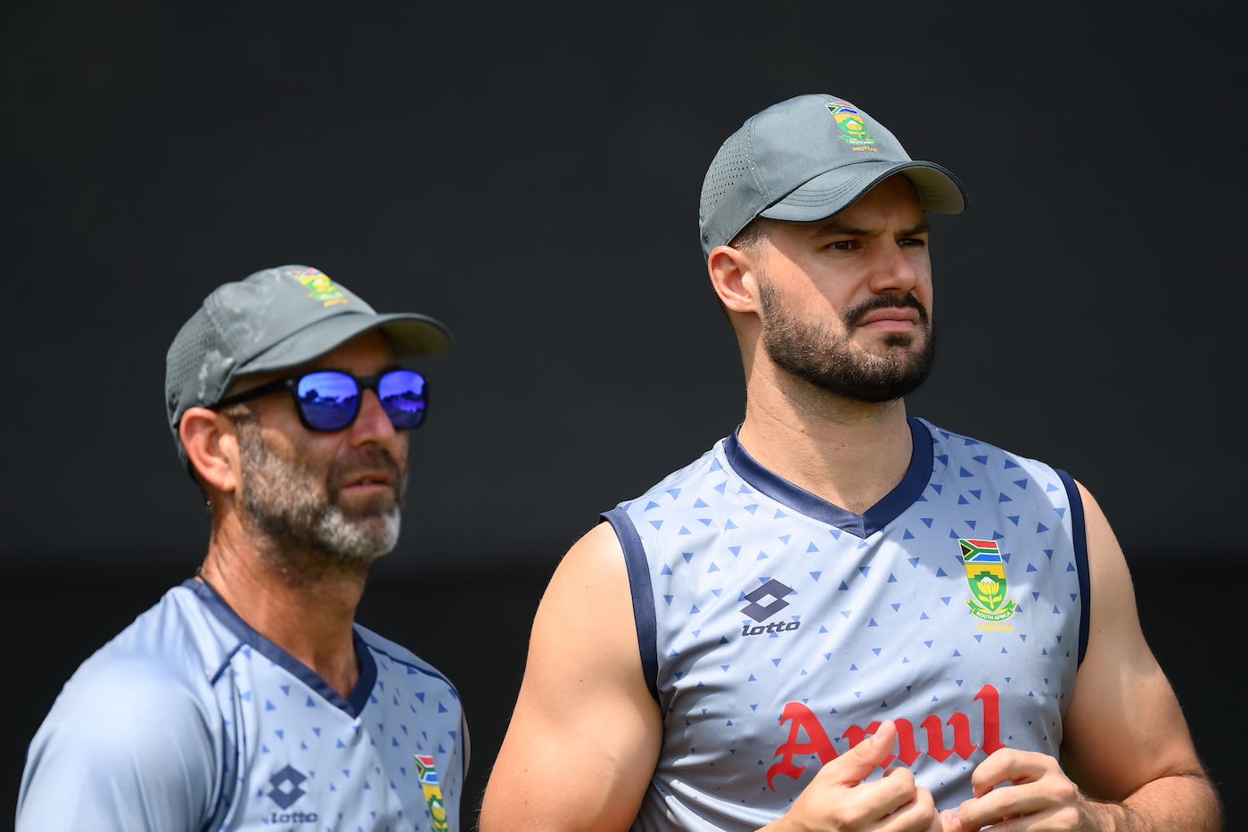Coach Rob Walter and captain Aiden Markram keep an eye on the nets ...