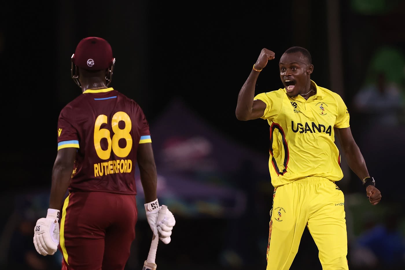 Cosmas Kyewuta gave Sherfane Rutherford a send-off after bowling the ...