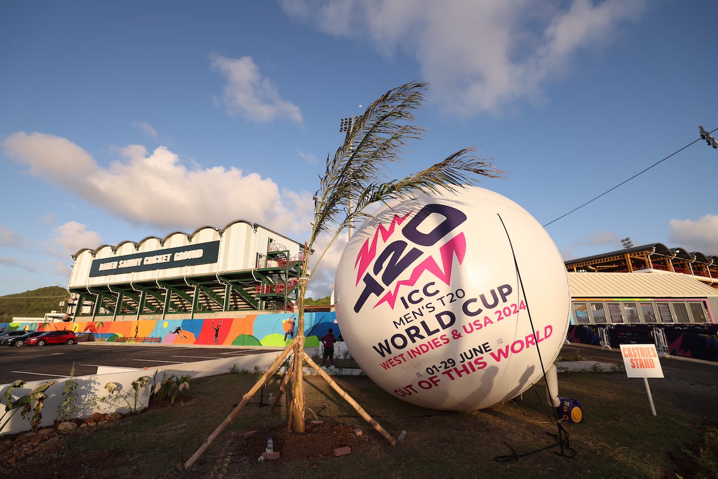A massive ball with the T20 World Cup 2024 details sits outside the ...