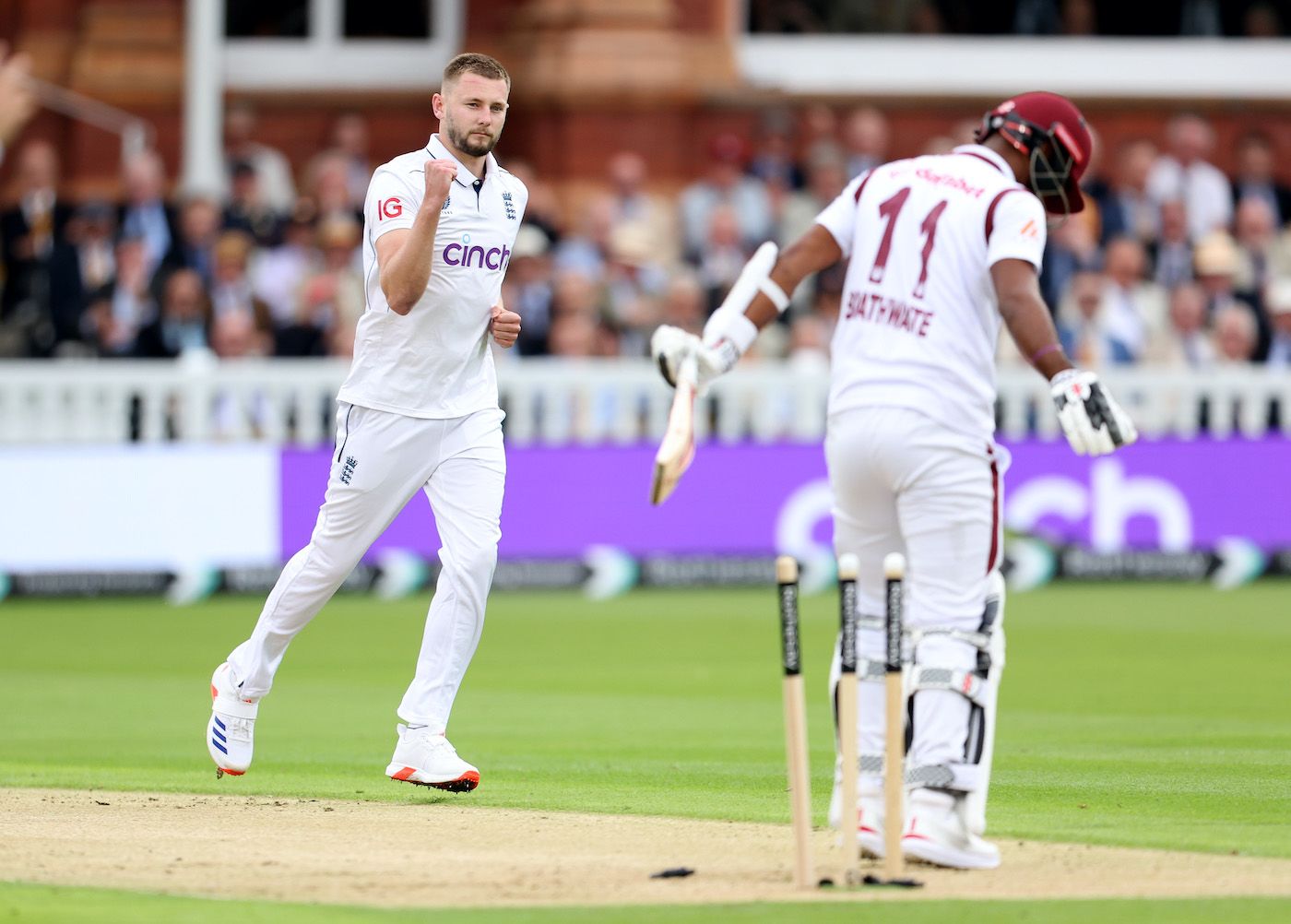 Gus Atkinson needed just two balls to knock over Kraigg Brathwaite ...