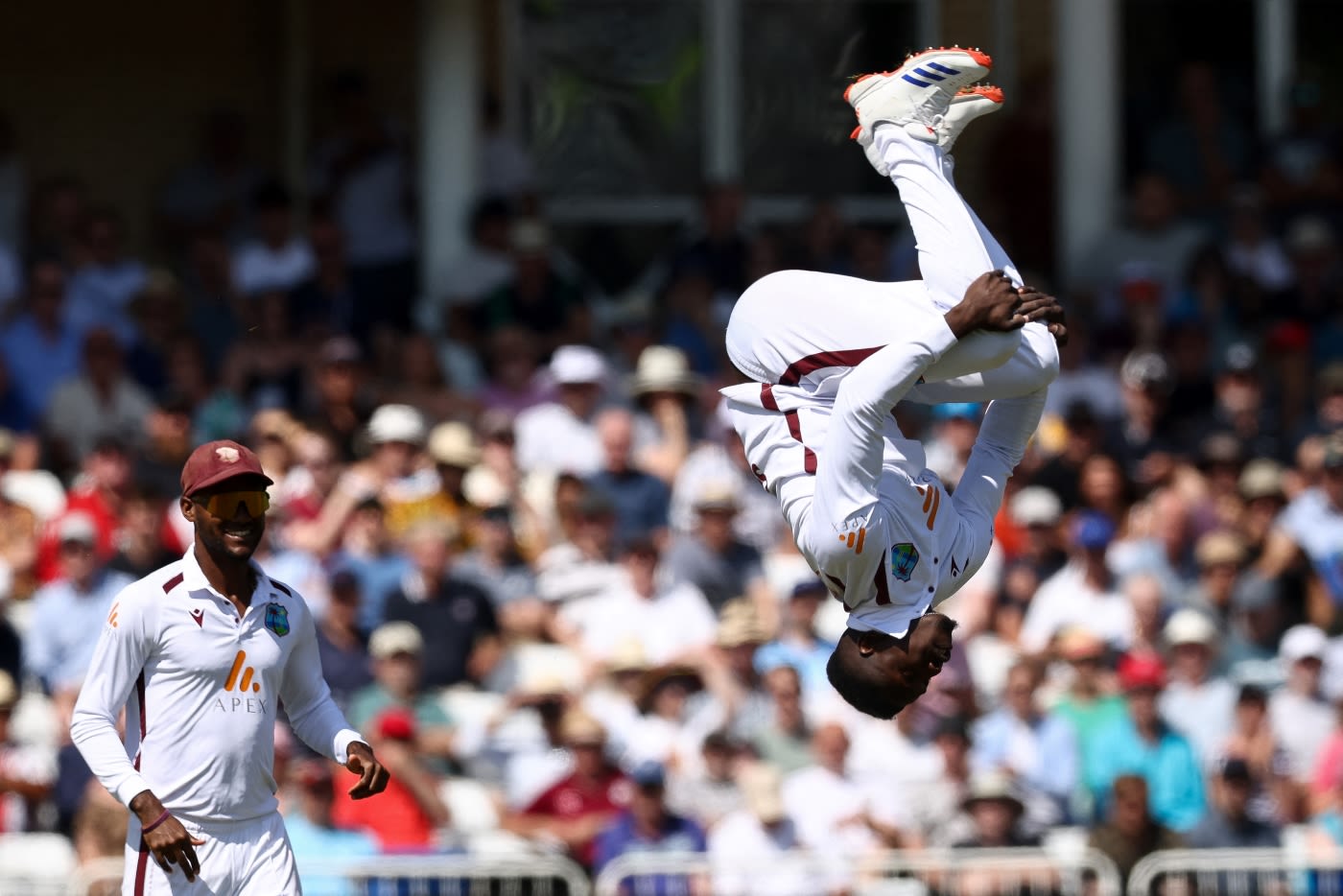 Kevin Sinclair is upside down with joy after dismissing Harry Brook ...