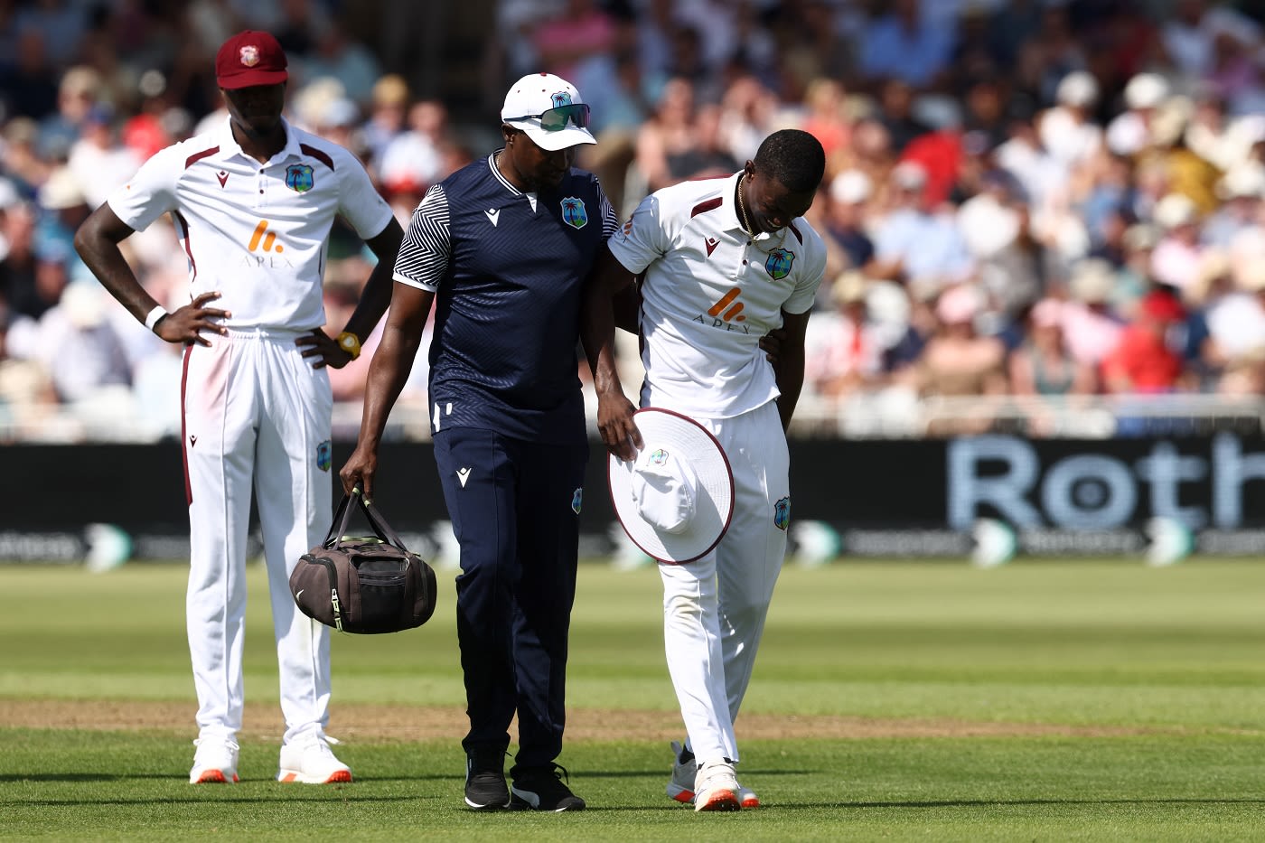 Shamar Joseph walks off the field mid-over with a hamstring injury ...